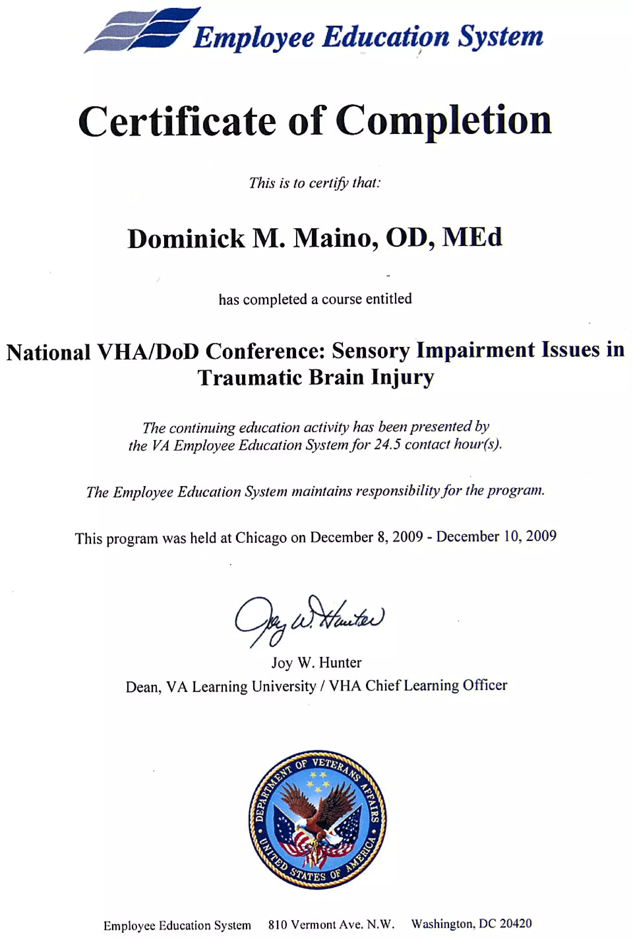 Certificate of Completion VHA/DOD TBI Conference | PDF