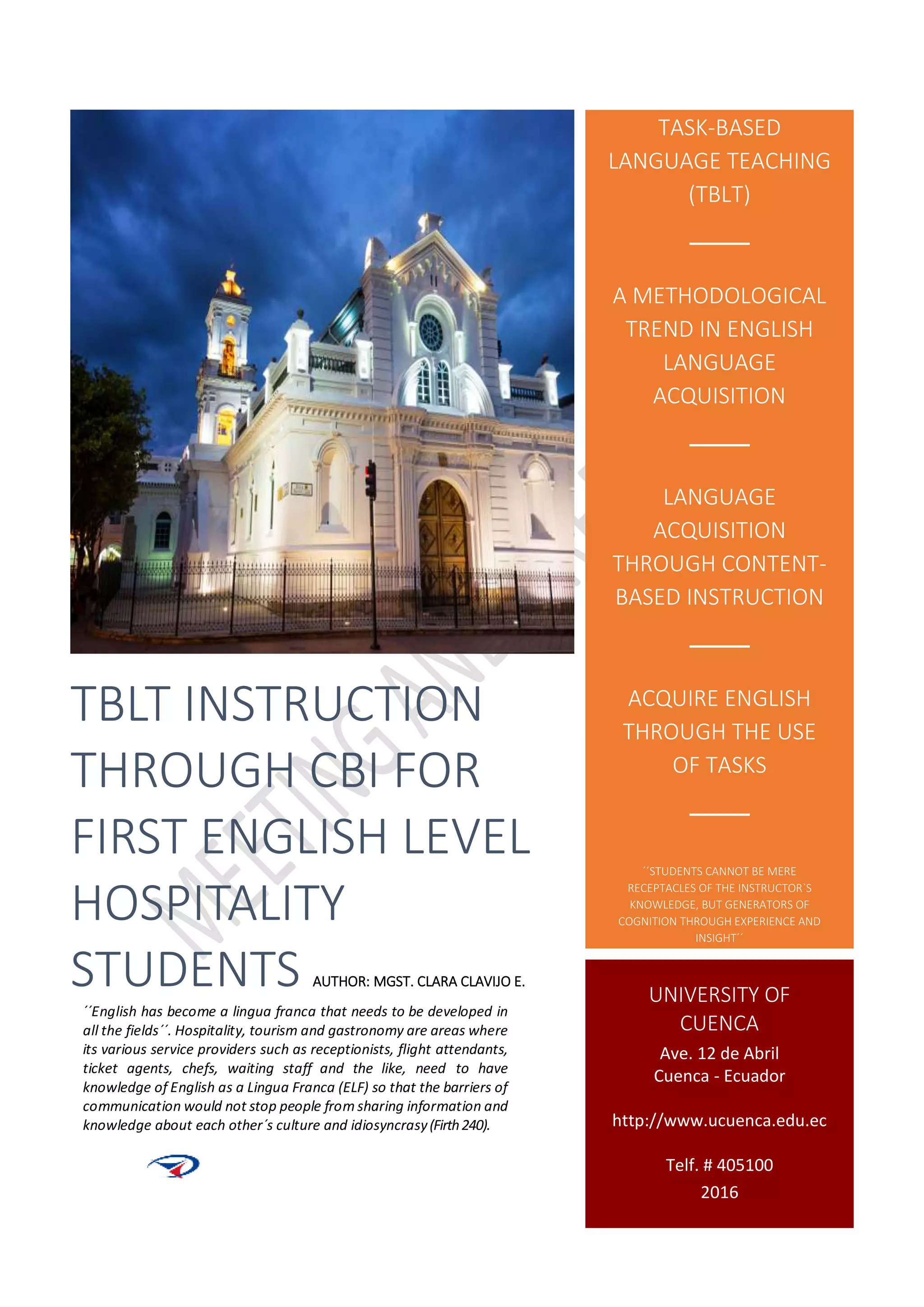 Tblt instruction through cbi for first english level hospitality students guia didáctica | PDF