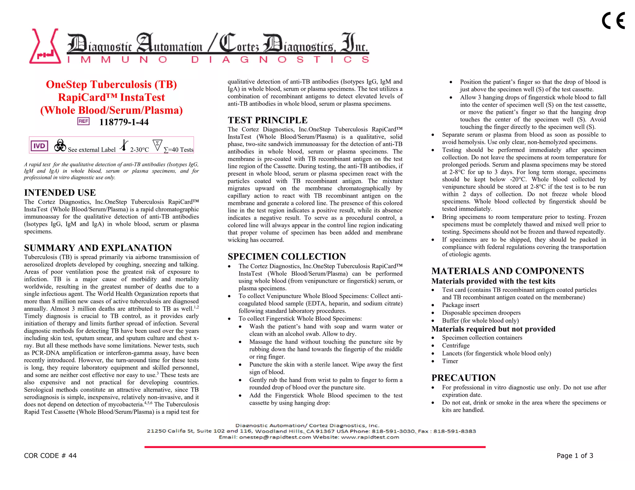 OneStep Tuberculosis (TB) -RapiCard Insta Test ( Whole Blood Serum ...