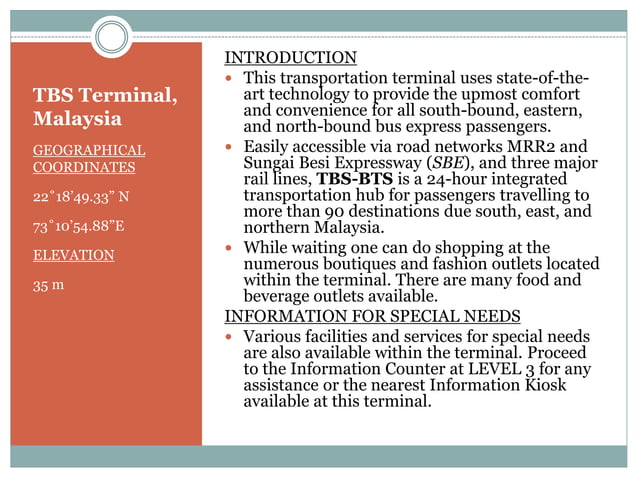 Tbs terminal, Malaysia | PPTX | Rail Travel | Travel Type