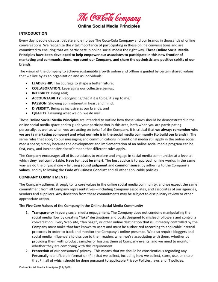 The Coca Cola Company: Online Social Media Principles