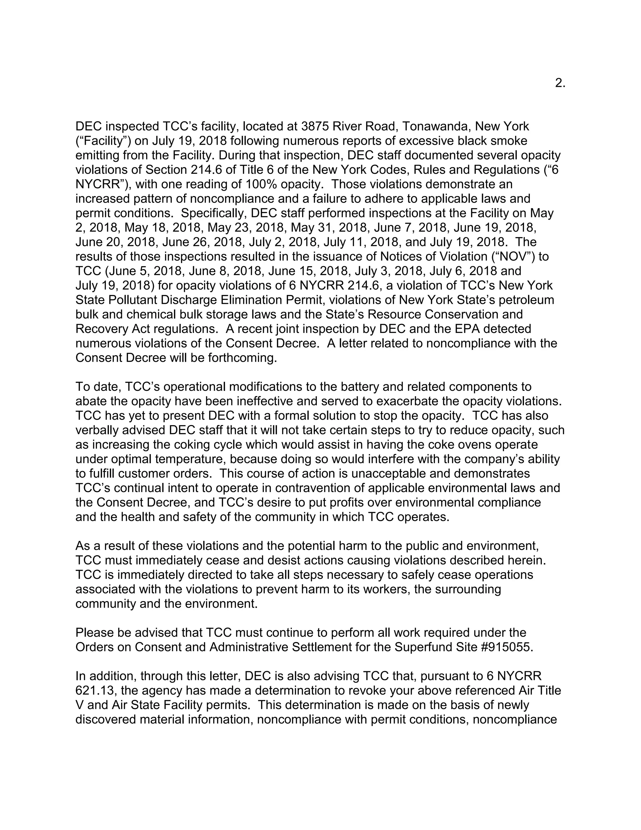 Tonawanda Coke cease and desist permit revocation 7.20.2018