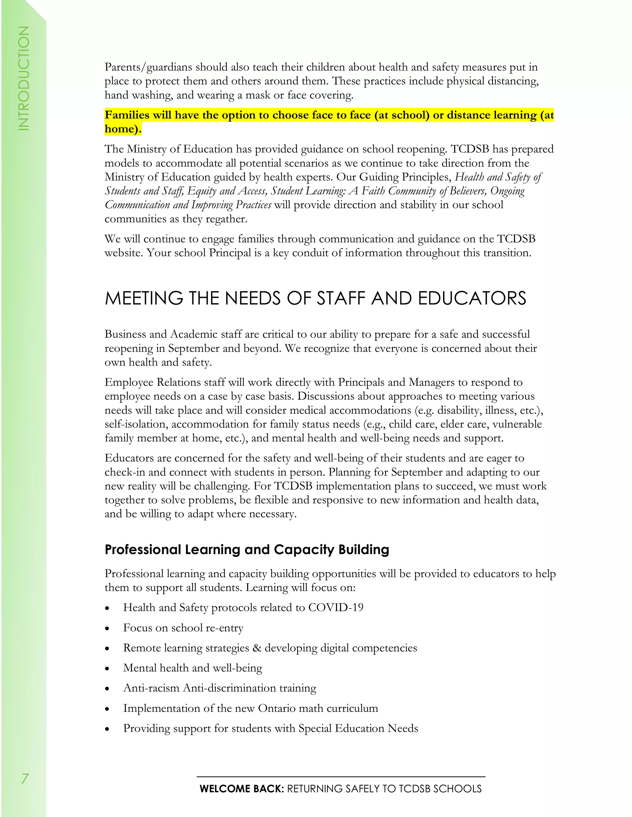 Tcdsb Safe Reopening Schools Action Plan | PDF