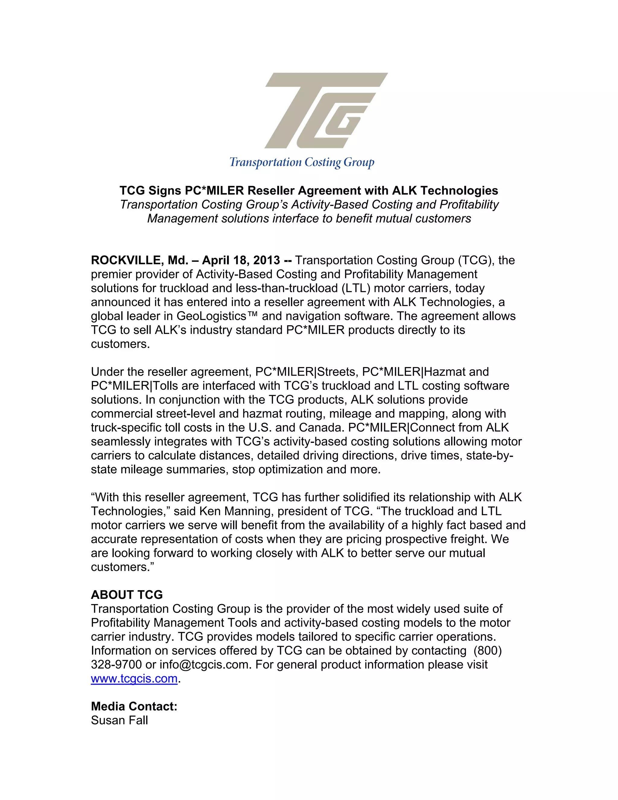 TCG Signs PC*MILER Reseller Agreement with ALK Technologies | PDF