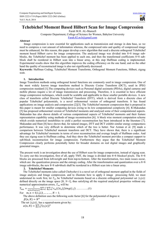 Tchebichef moment based hilbert scan for image compression | PDF