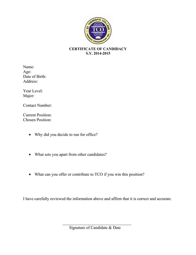 TCO Certificate of Candidacy | DOC