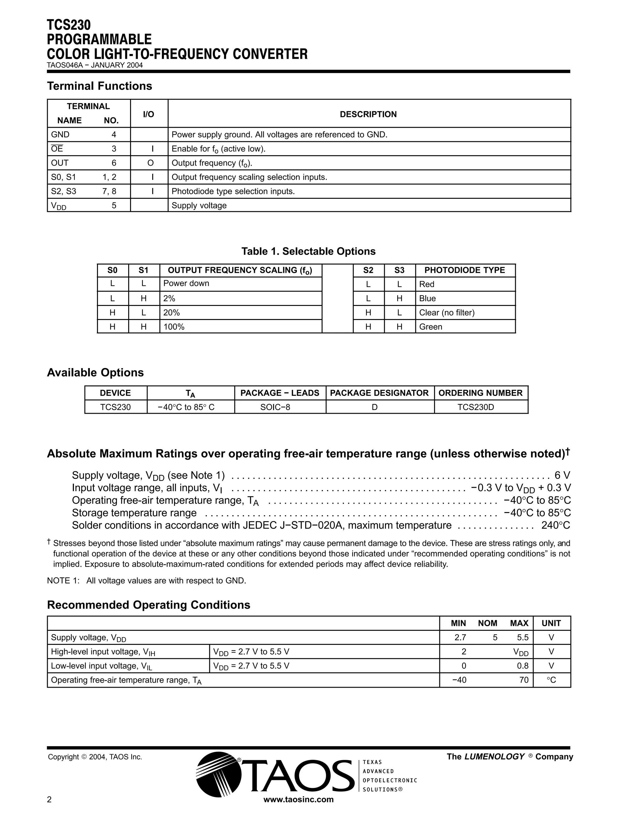 Tcs230 datasheet | PDF
