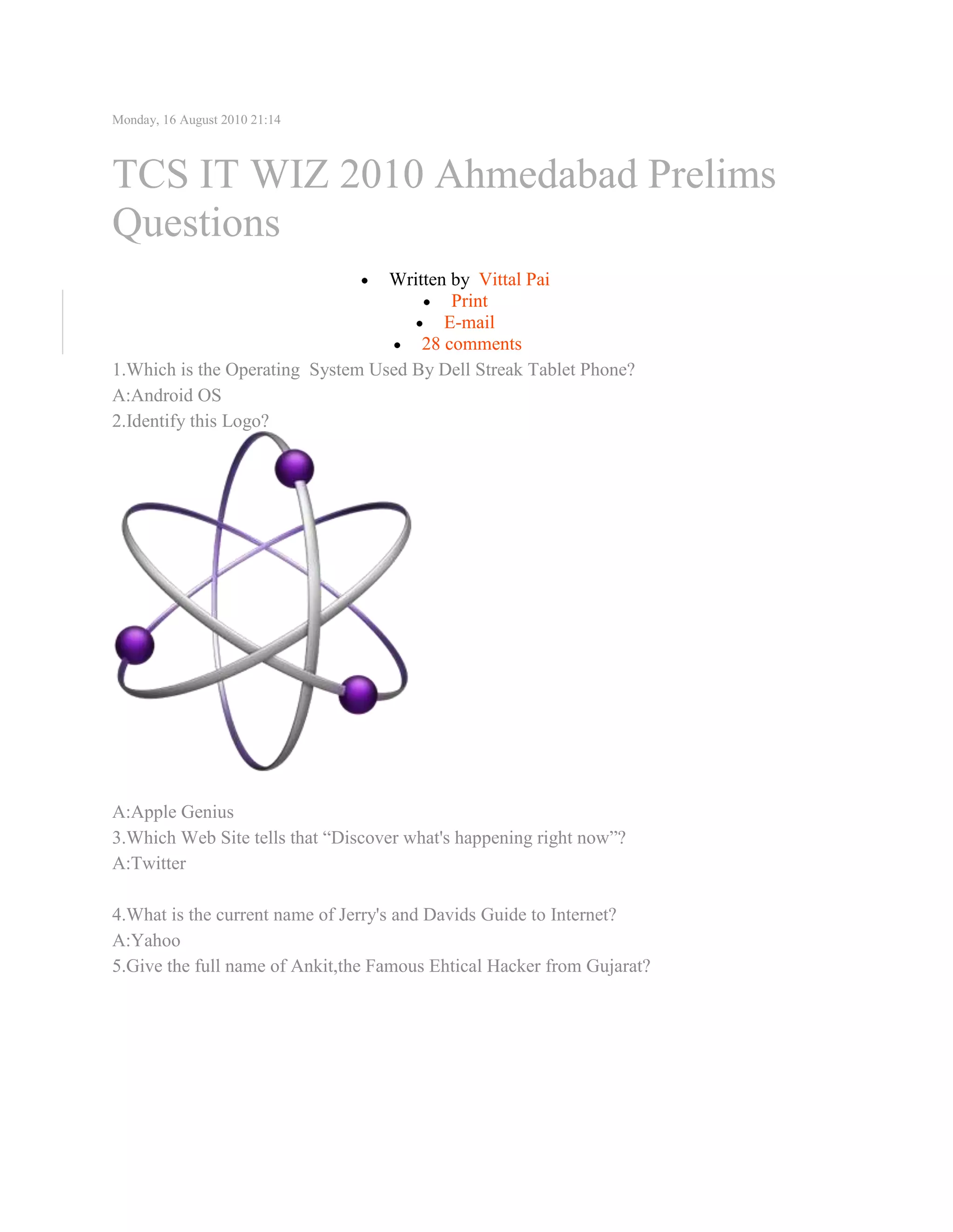 Tcs it quiz ahmedabad prelims | DOCX