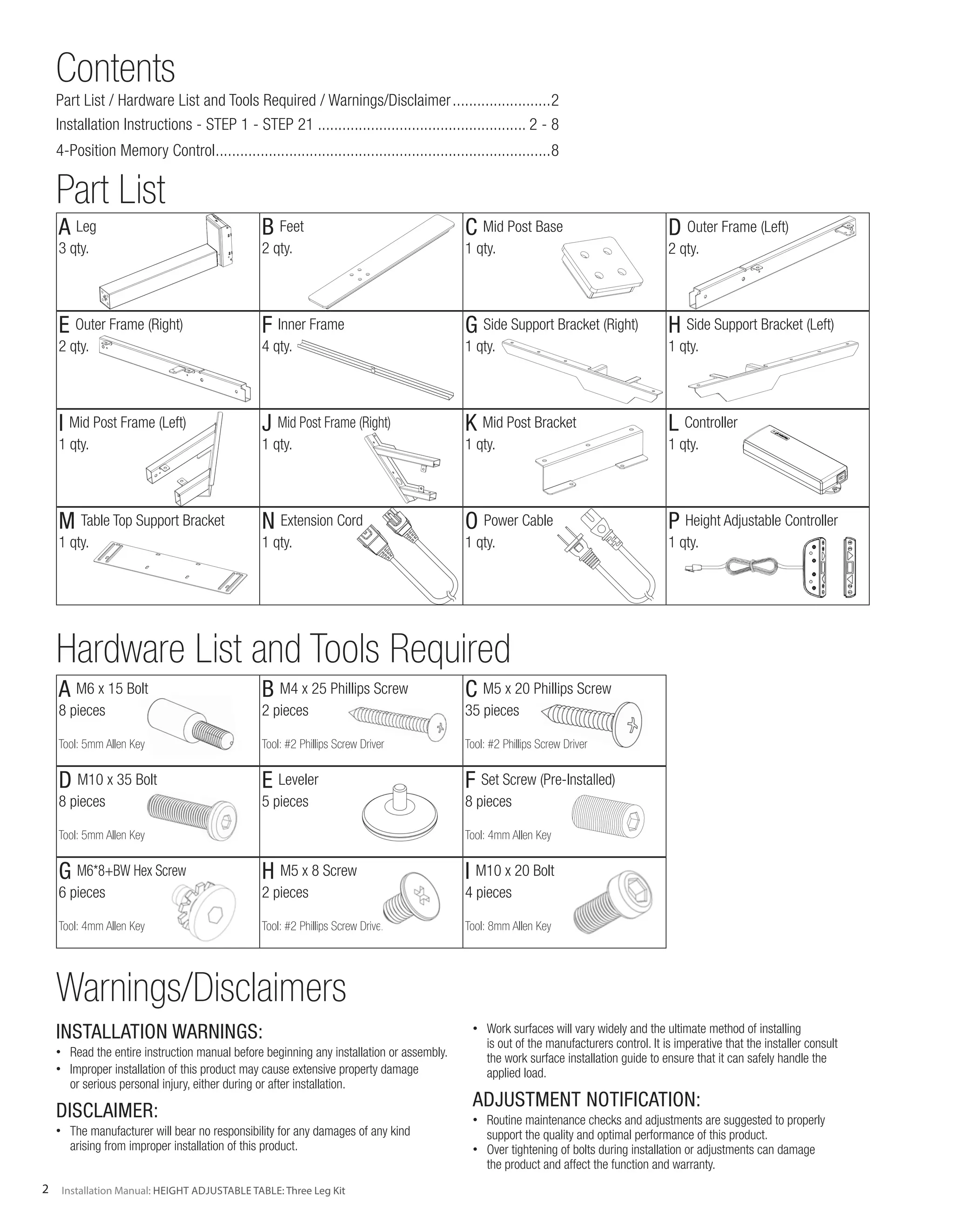Installation Manual: Height Adjustable Table - Three Leg Kit | PDF