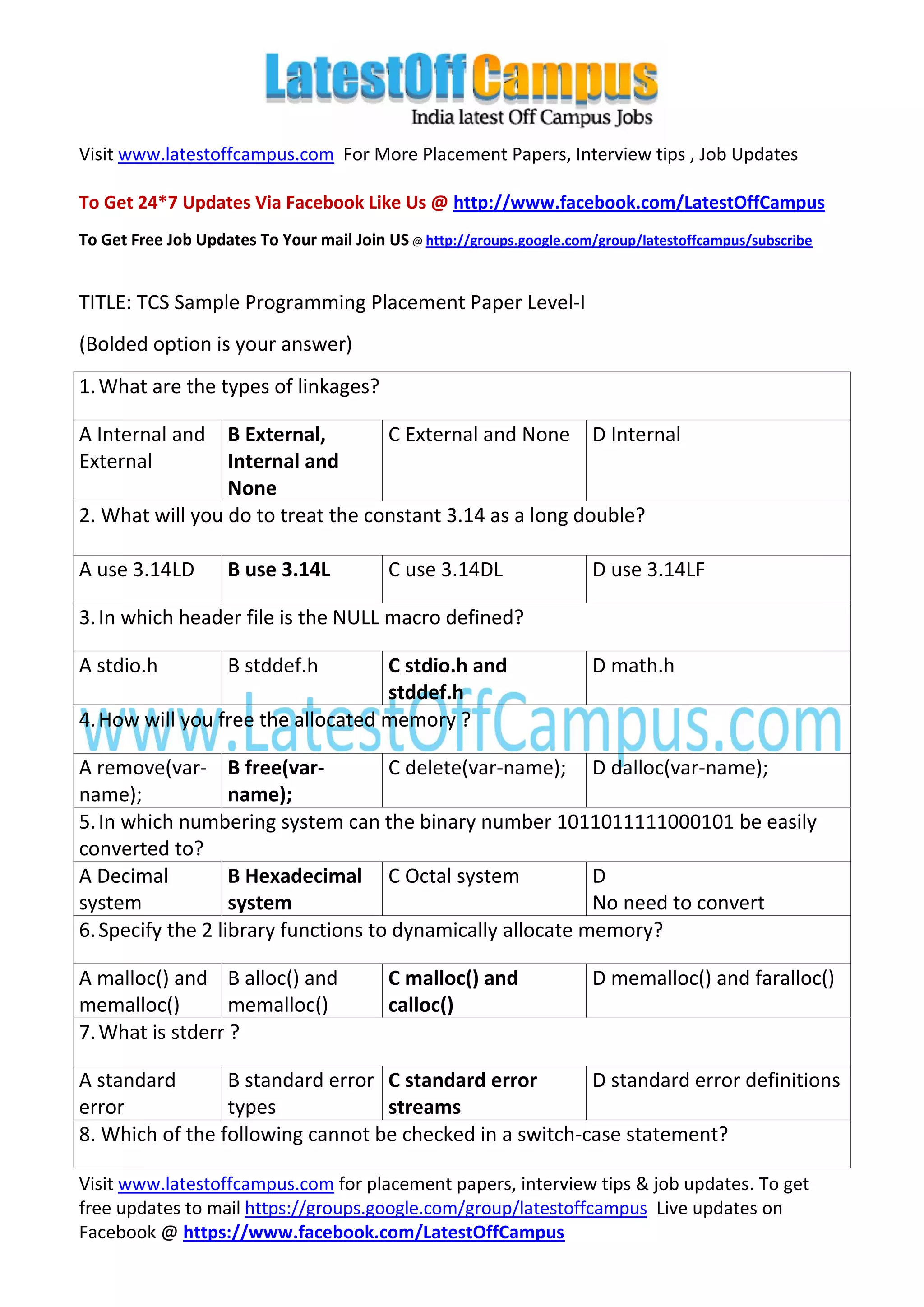 Tcs sample technical placement paper level i | PDF
