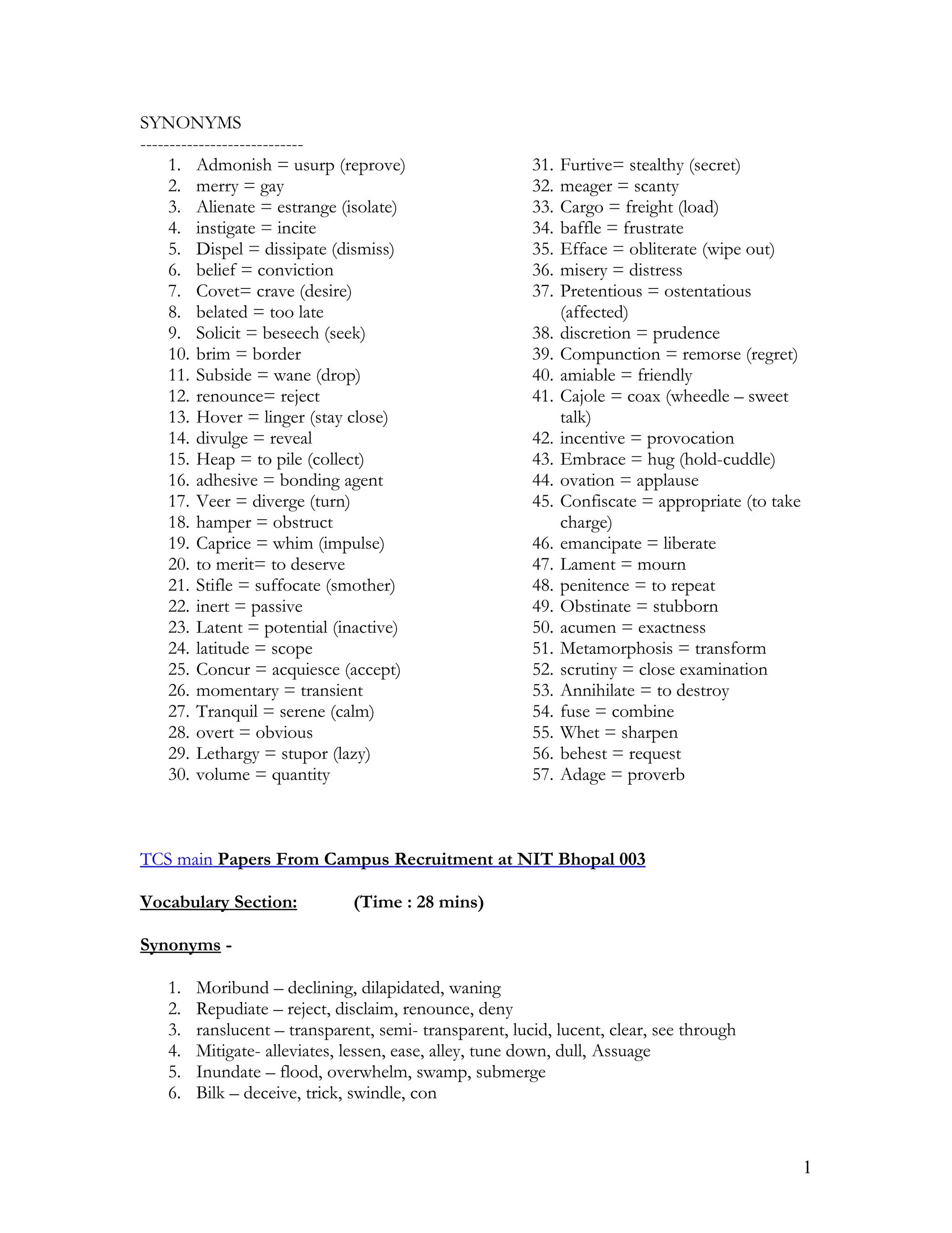 Tcs synonyms and antonyms | DOC
