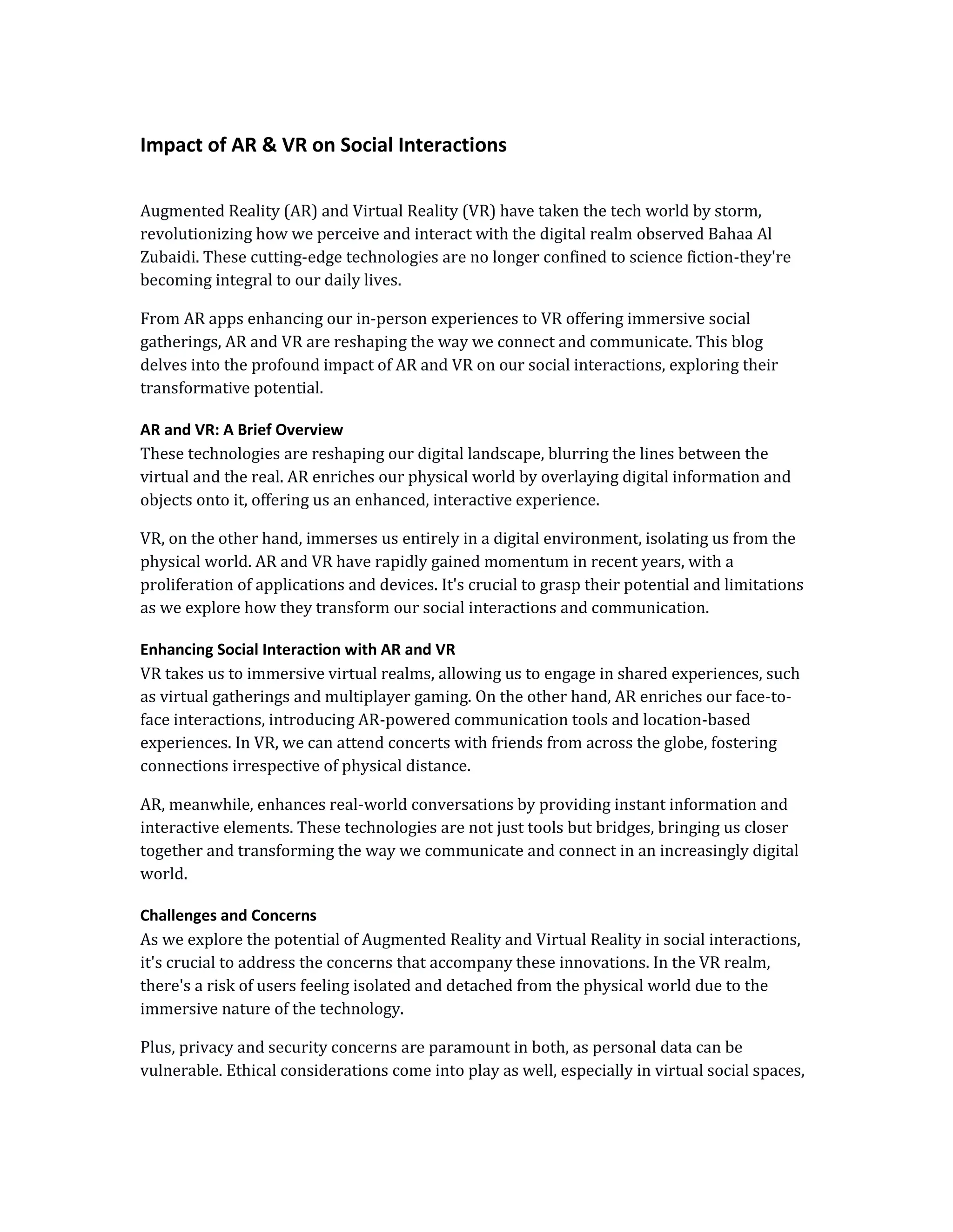 Impact of AR & VR on Social Interactions | PDF