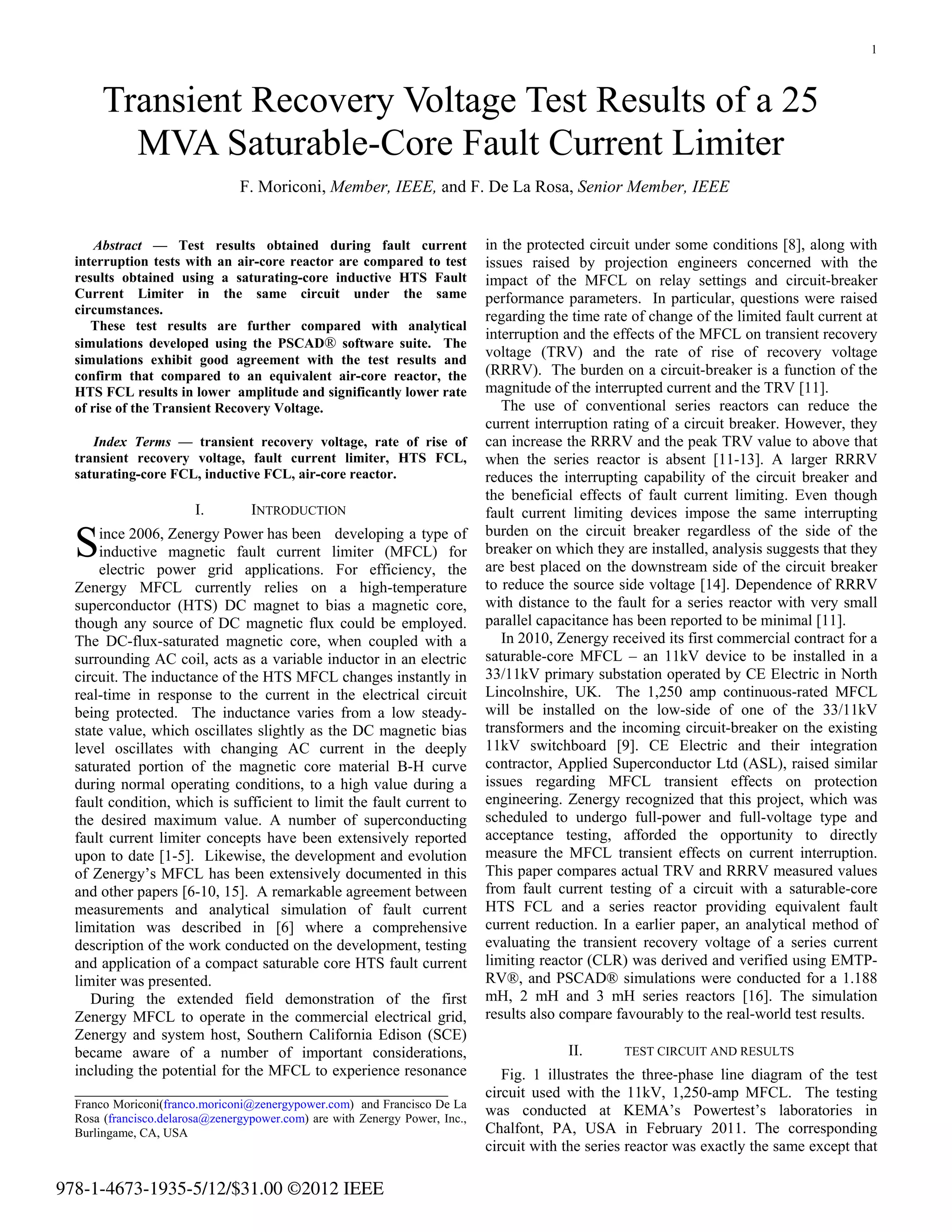 Transient Recovery Voltage Test Results of a 25 MVA Saturable-Core ...