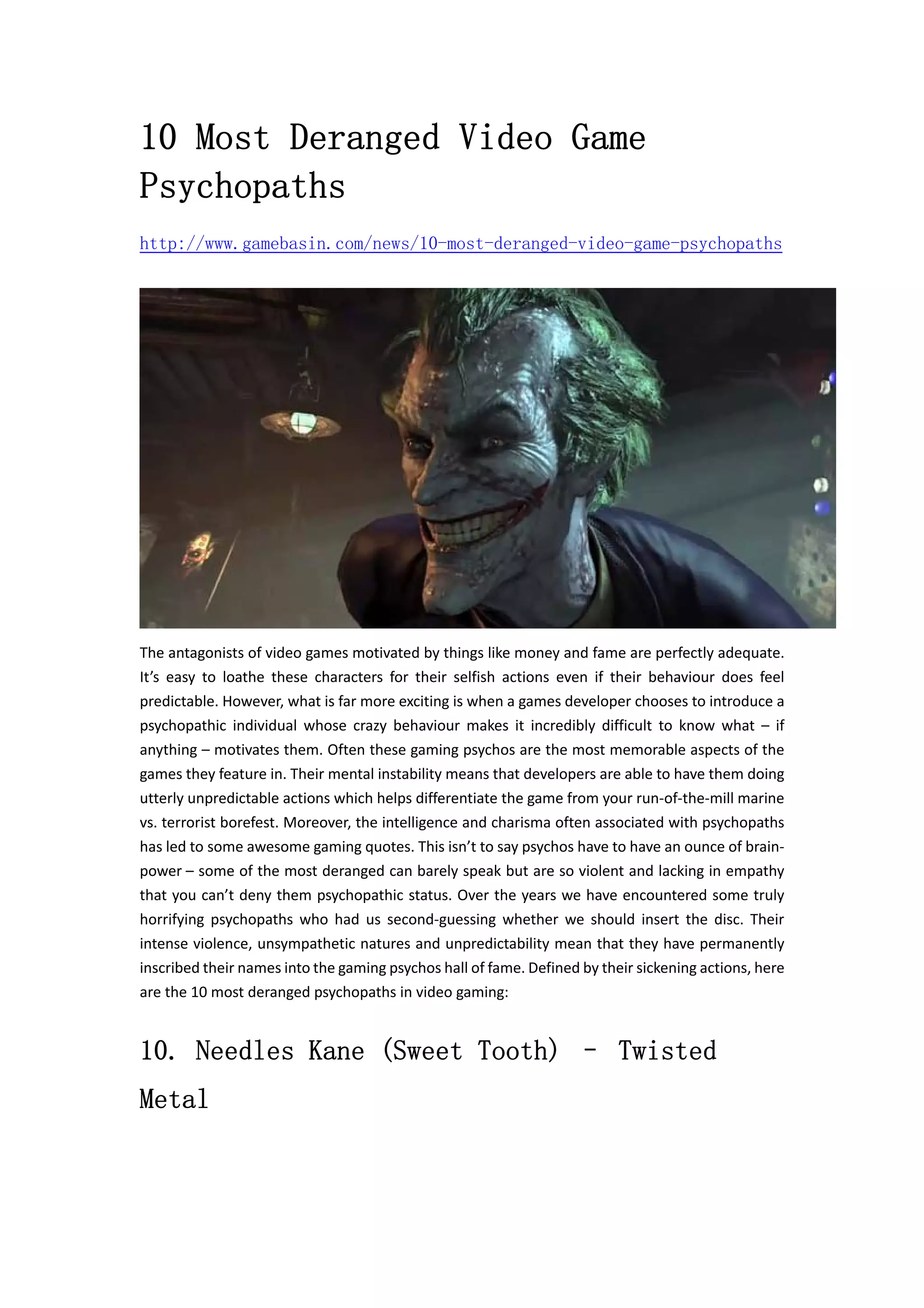 10 most deranged video game psychopaths www.gamebasin.com