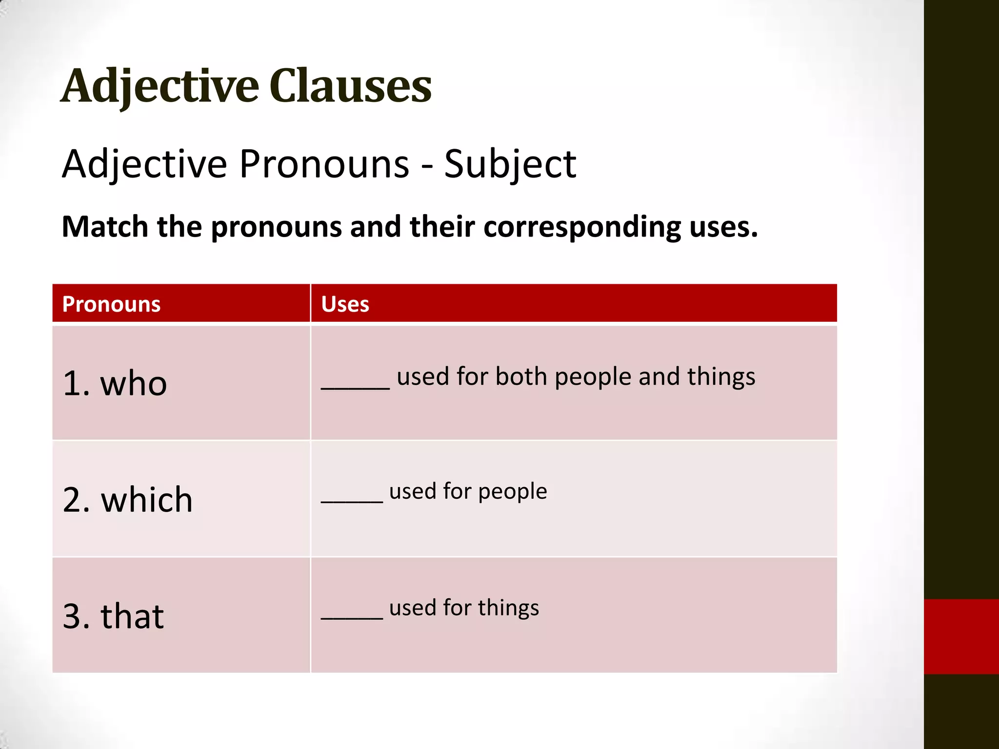TDC1 Adjective Clauses and Reductions | PPTX