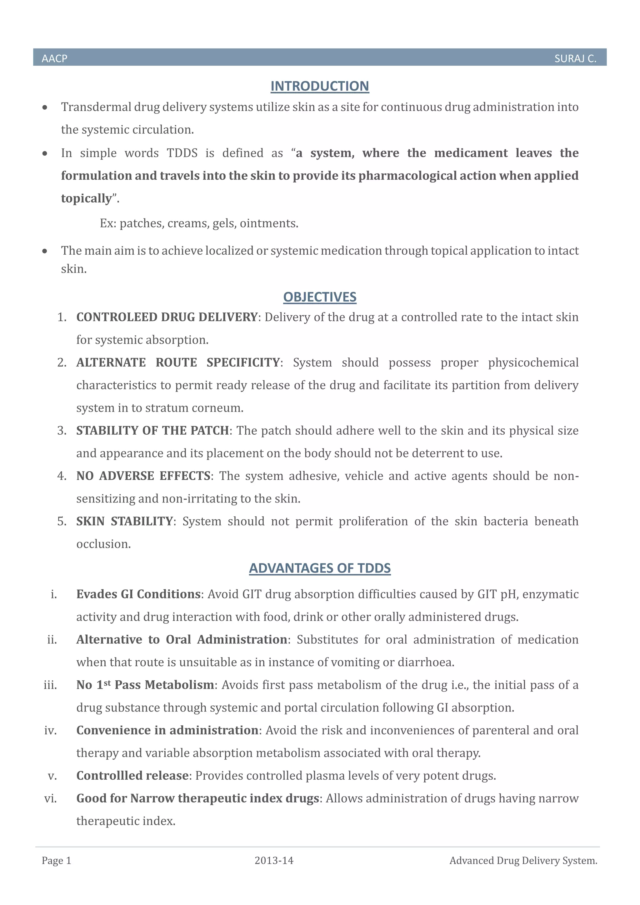 Transdermal Drug Delivery Systems - A writeup | PDF