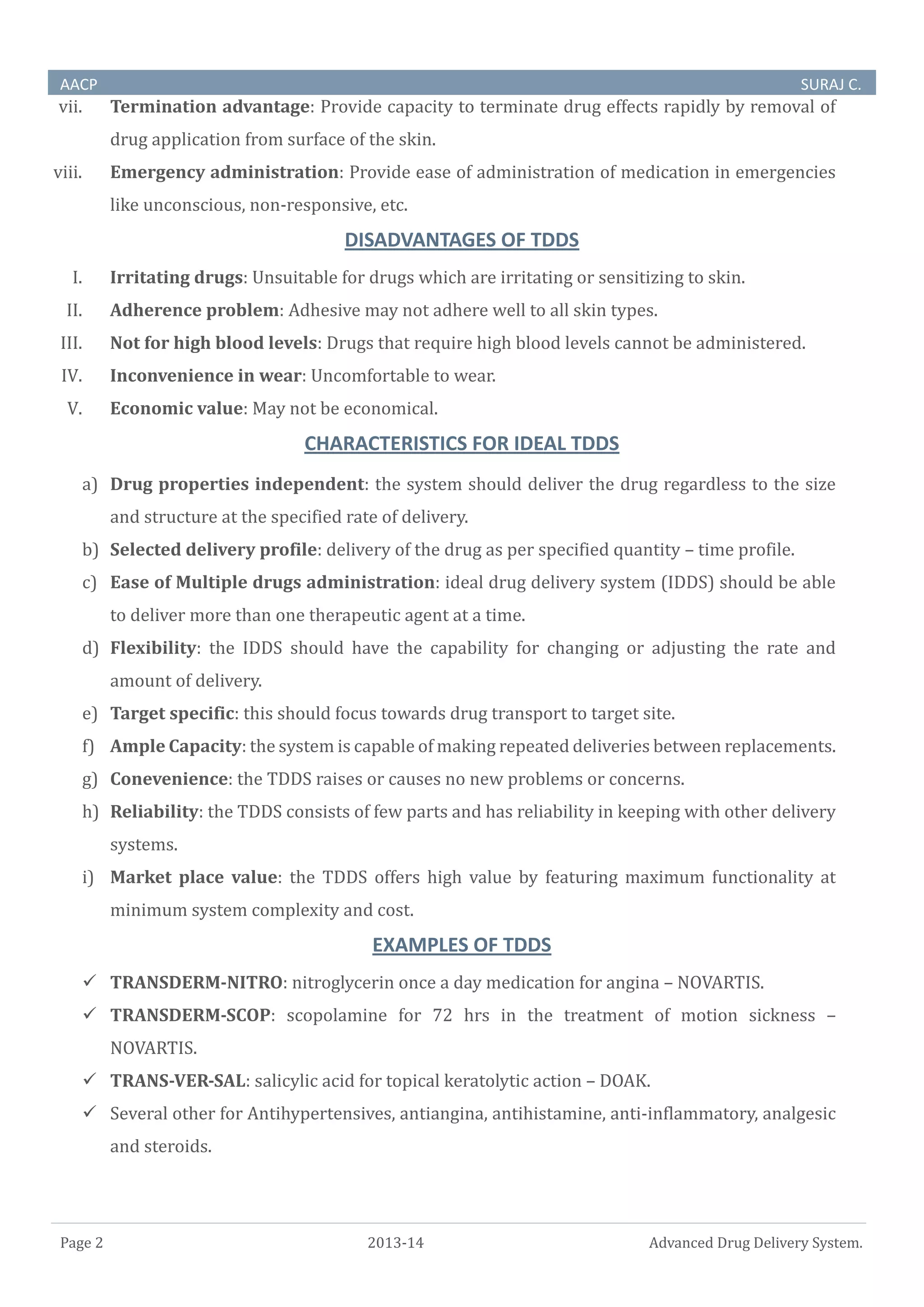 Transdermal Drug Delivery Systems - A writeup | PDF