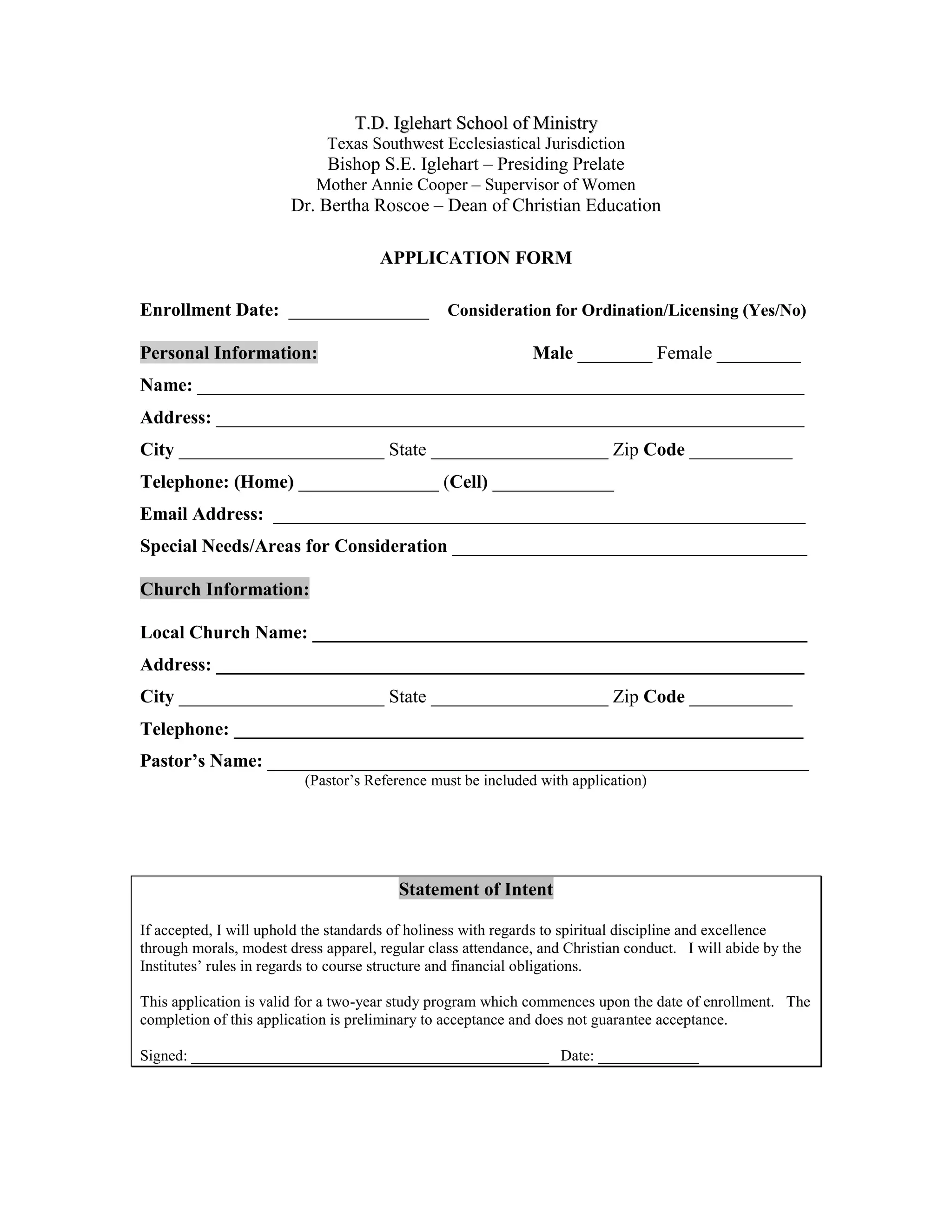 TDIM School of Ministry Application Forms | PDF