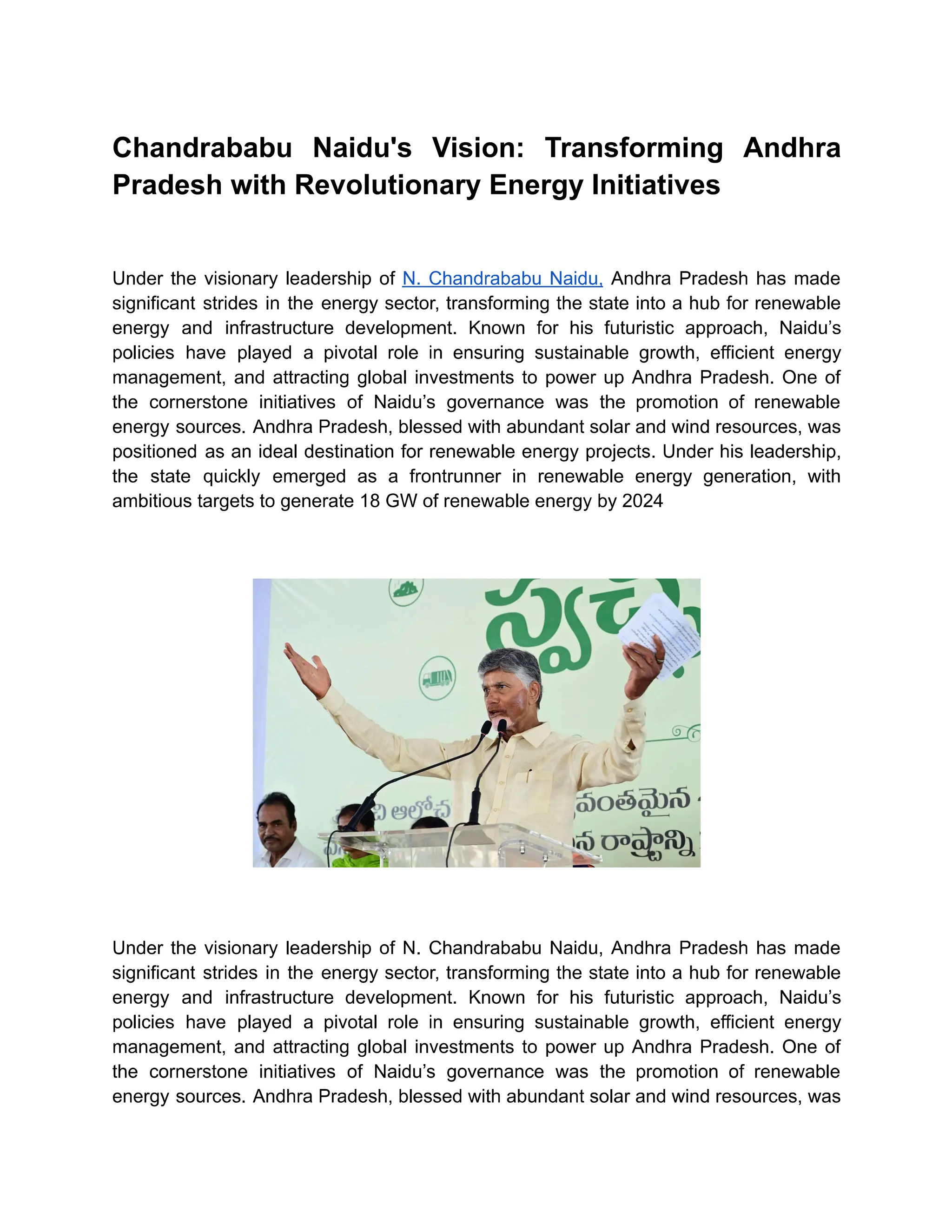 Chandrababu Naidu's Vision: Transforming Andhra Pradesh with Revolutionary Energy Initiatives | PDF