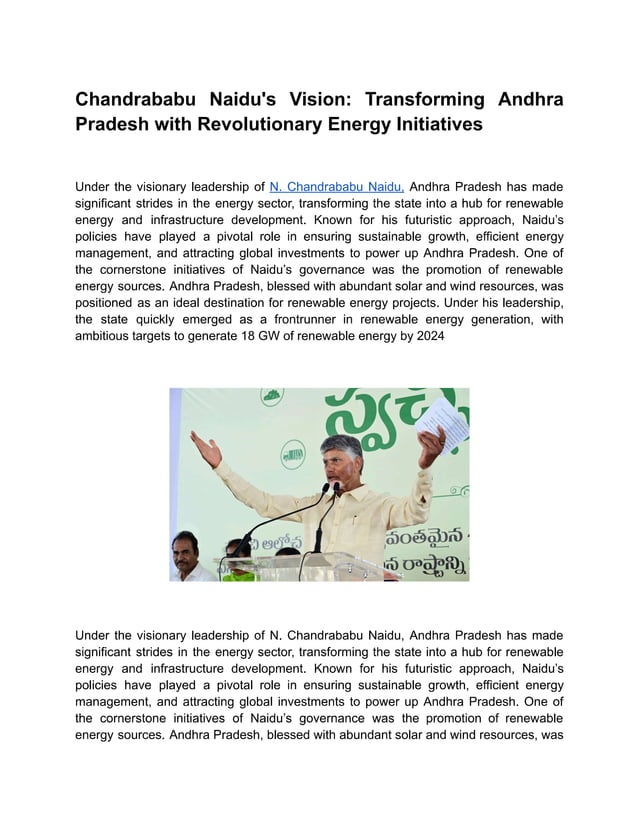 Chandrababu Naidu's Vision: Transforming Andhra Pradesh with Revolutionary Energy Initiatives | PDF