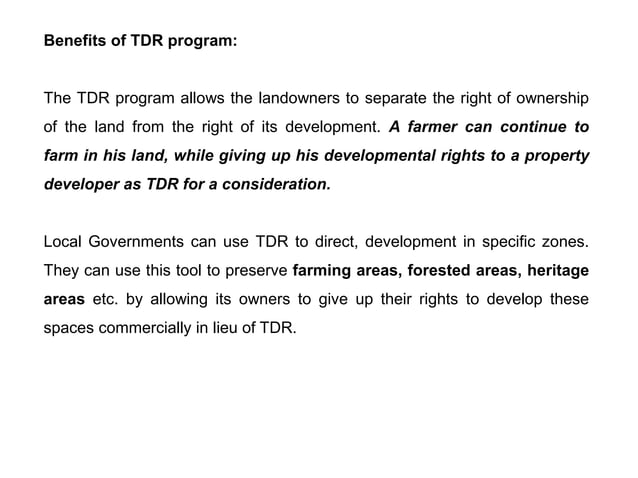 TDR - TRANSFER OF DEVELOPMENT RIGHTS | PPTX | Developmental Sites ...