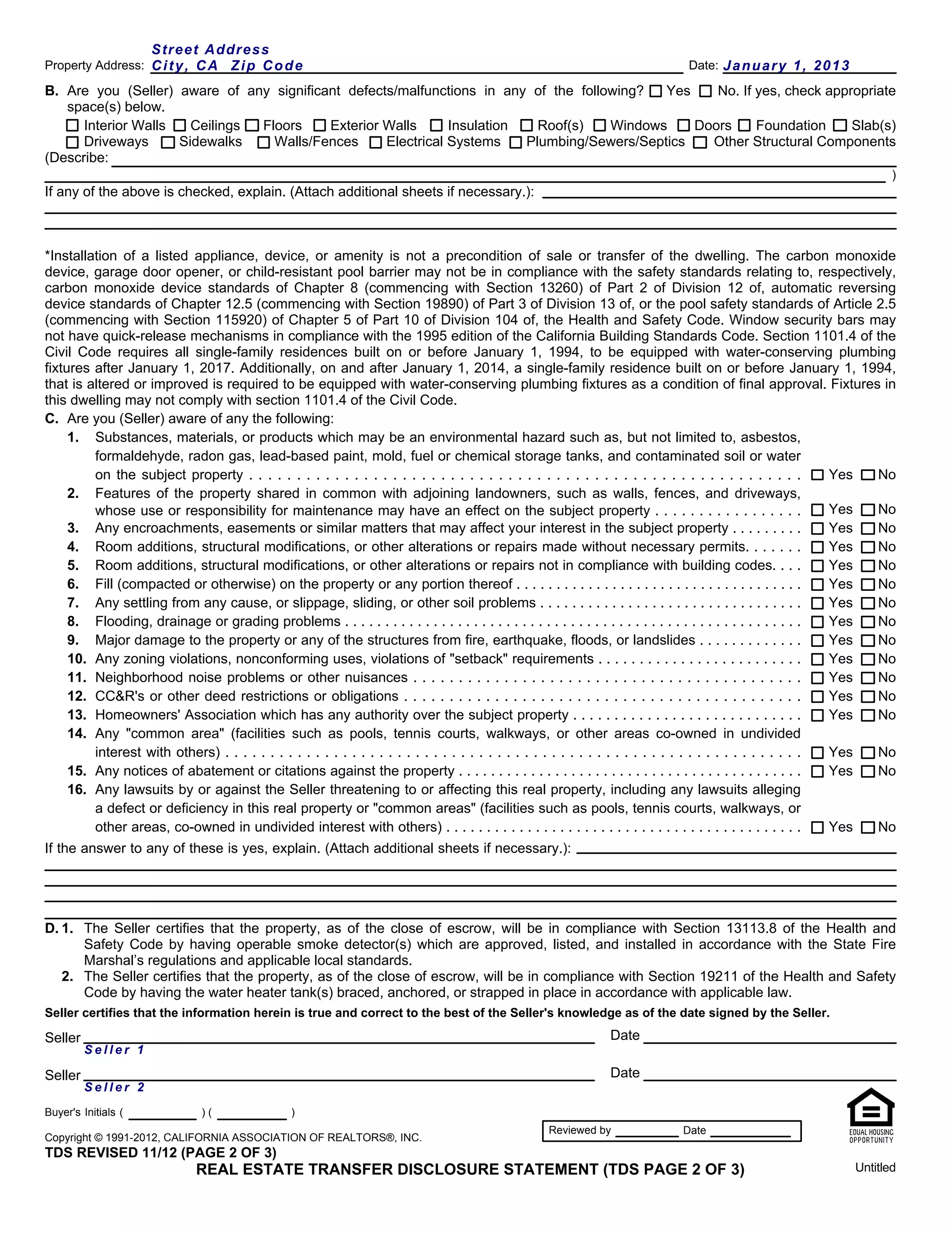 Tds real estate transfer disclosure statement - 1112 | PDF