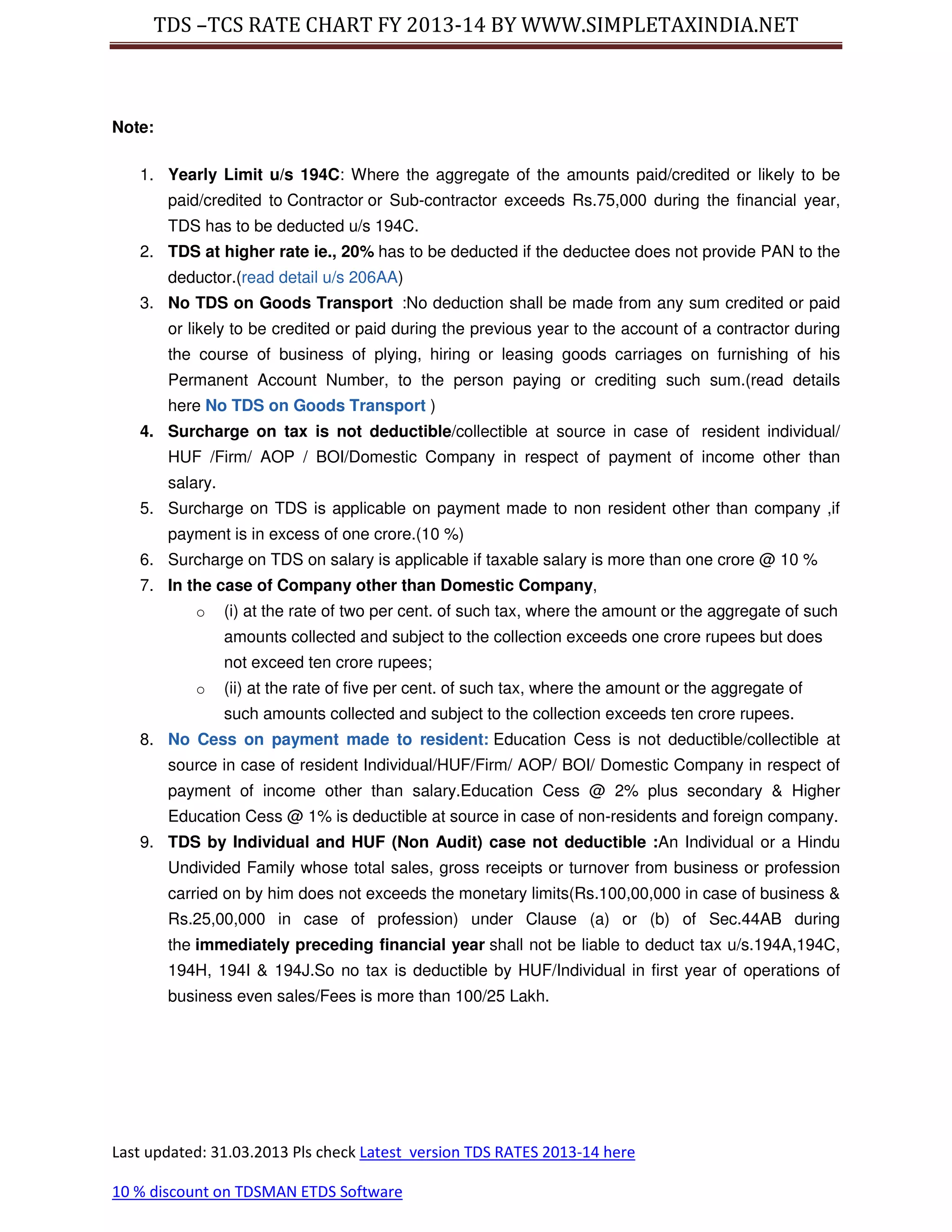 Tds tcs rate chart financial year 2013-14 | PDF