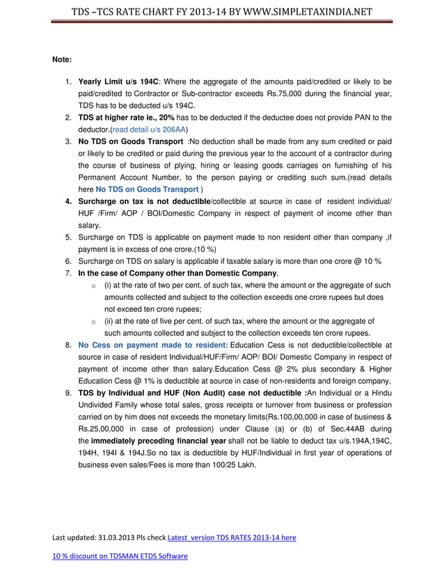 Tds tcs rate chart financial year 2013-14 | PDF