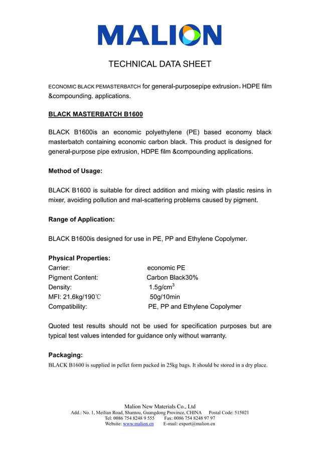 MASTERBATCH NEGRO B1600 TDS | PDF | Science