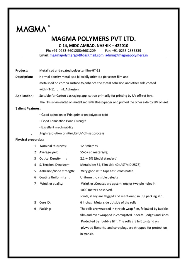 TDS Coated Pet for Ink Adhesion | PDF