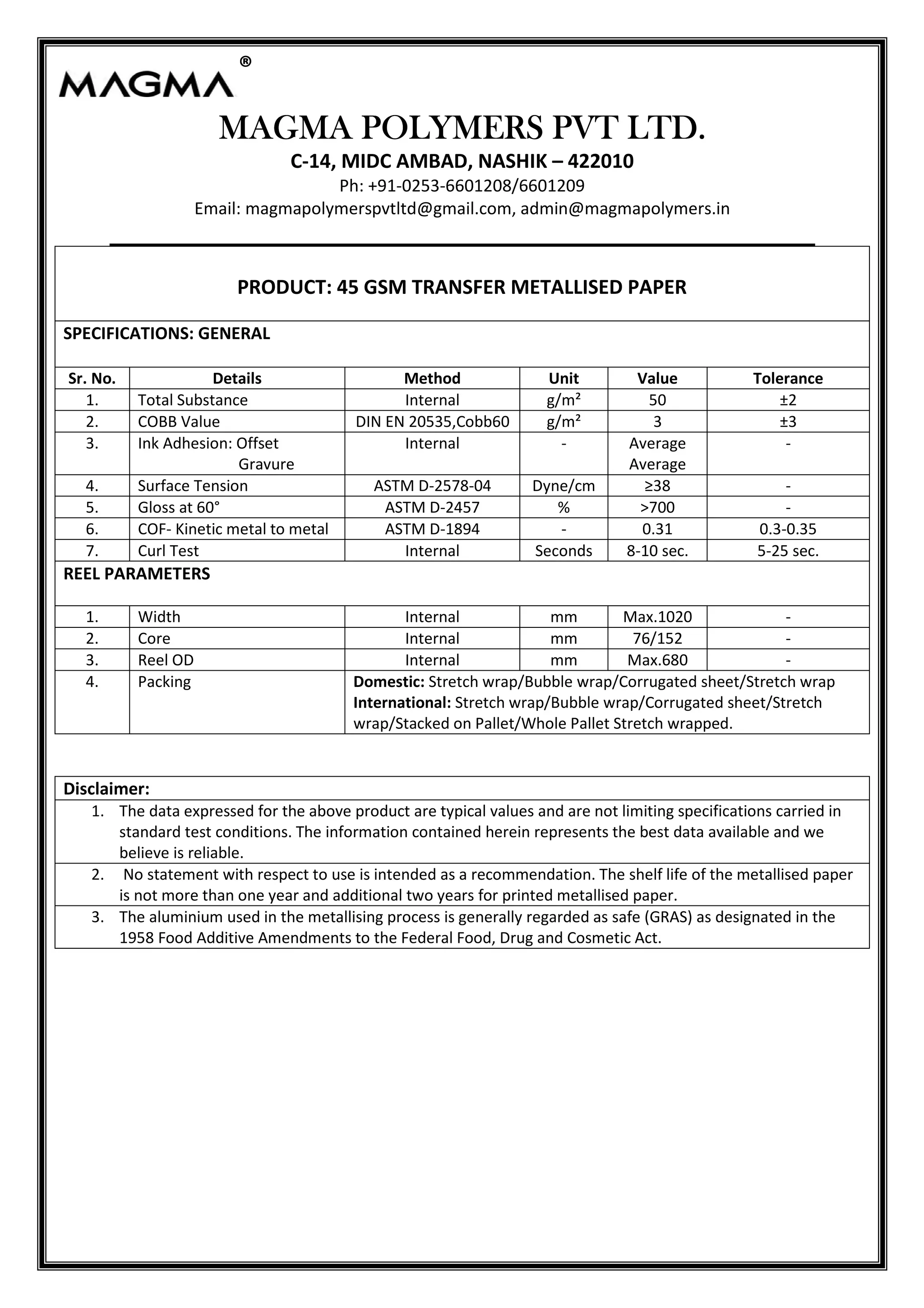 TDS Transfer Metallised Paper | PDF