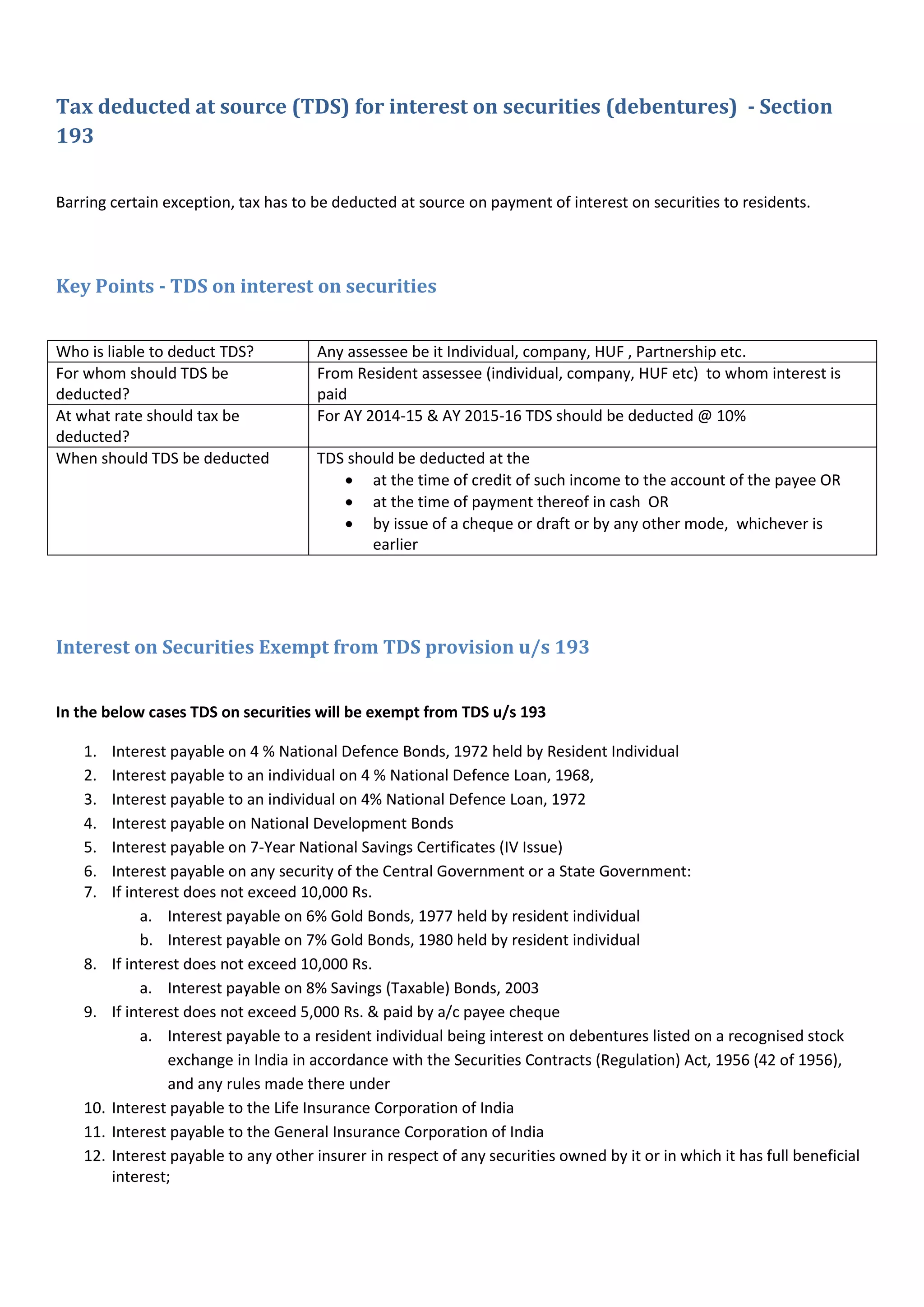 Tax deducted at source (TDS) for interest on securities (debentures ...