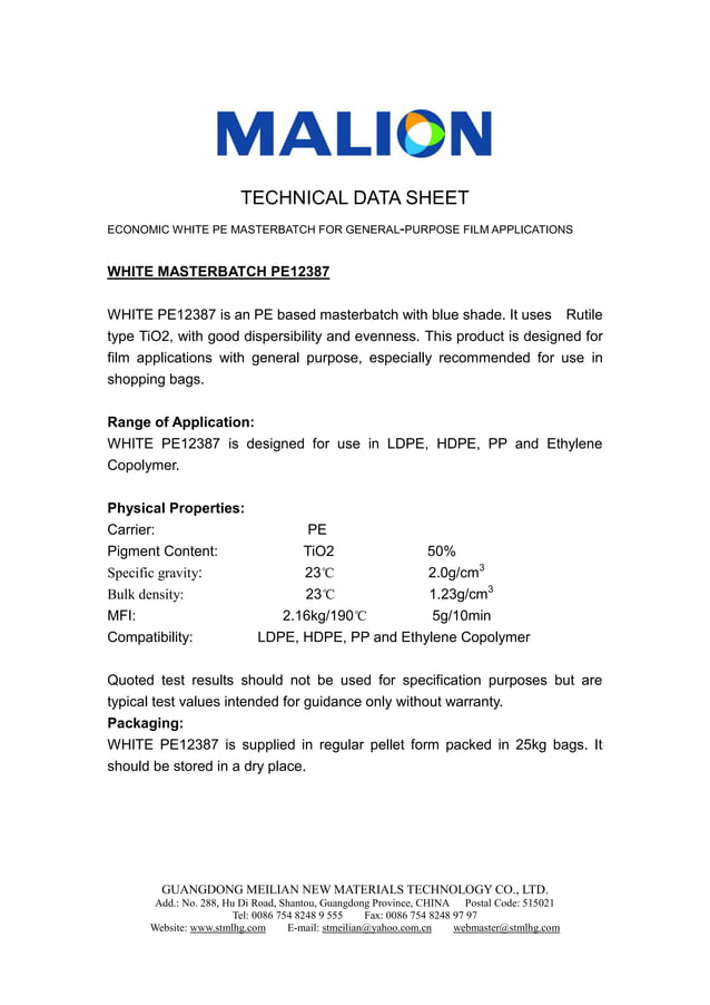 MASTERBATCH BLANCO PE12387 TDS | PDF | Chemistry | Science