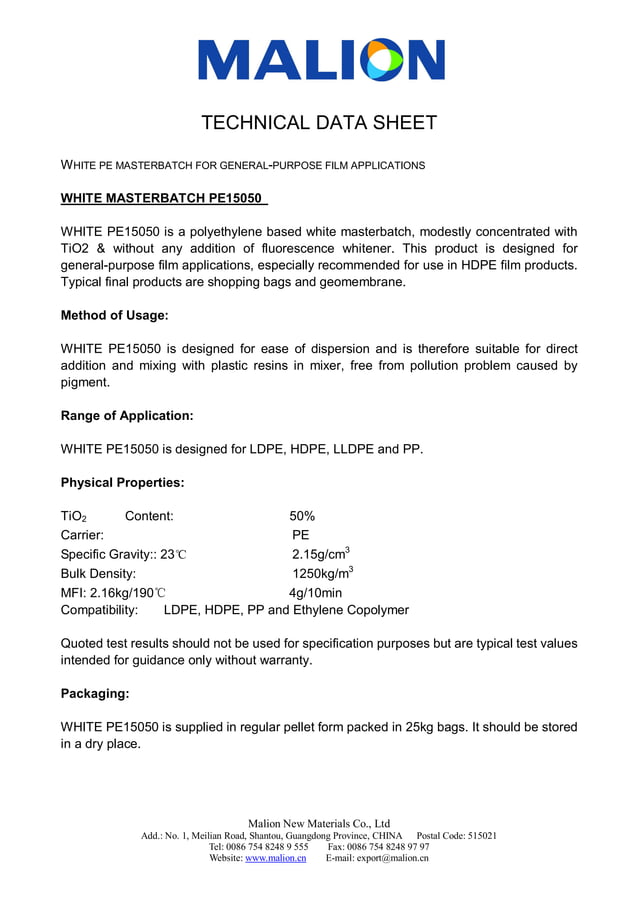 MASTERBATCH BLANCO PE15050 TDS | PDF