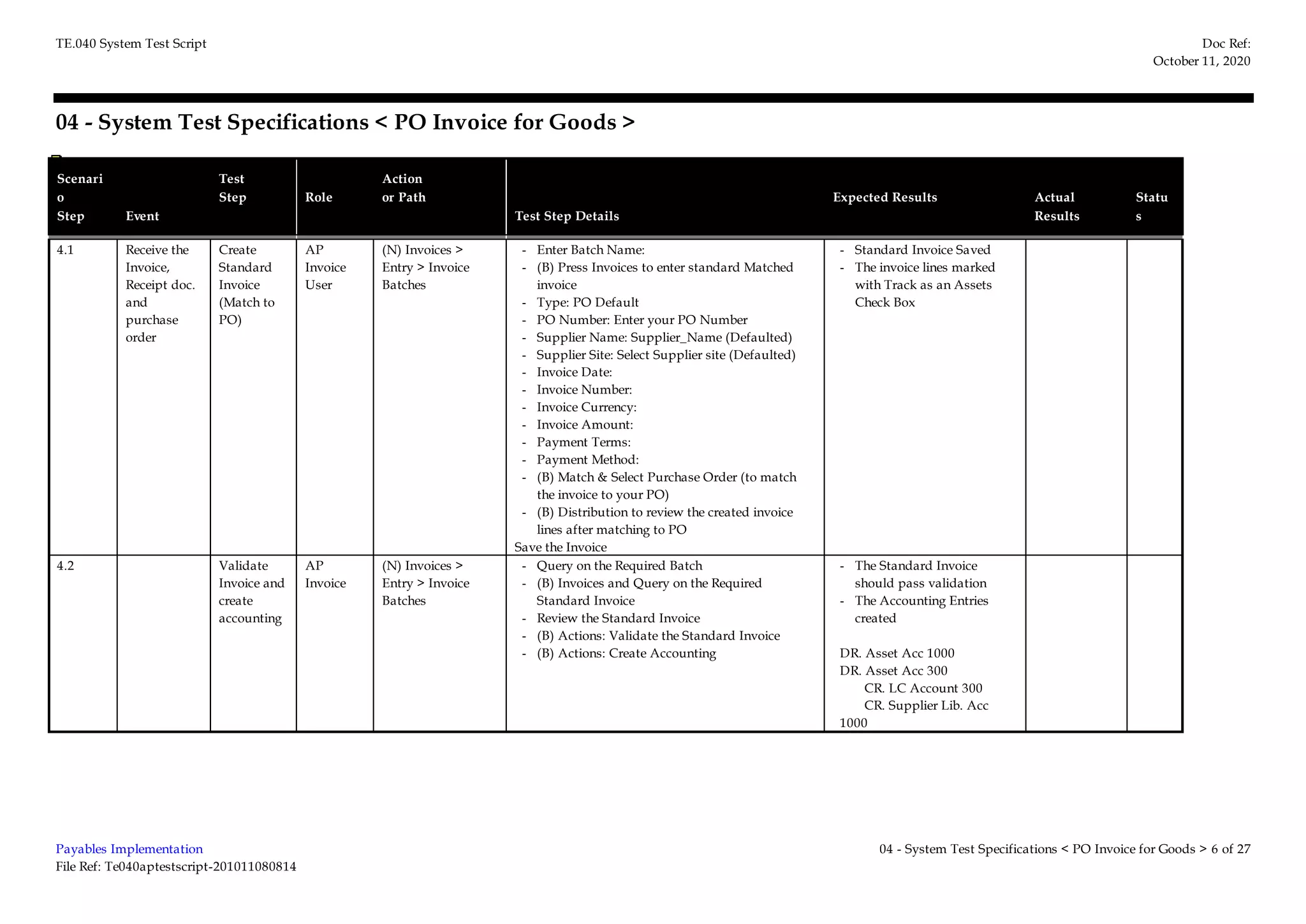 TE040 Oracle AP Testscript | DOCX