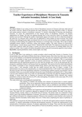 Teacher experiences of disciplinary measures in tanzania adventist ...