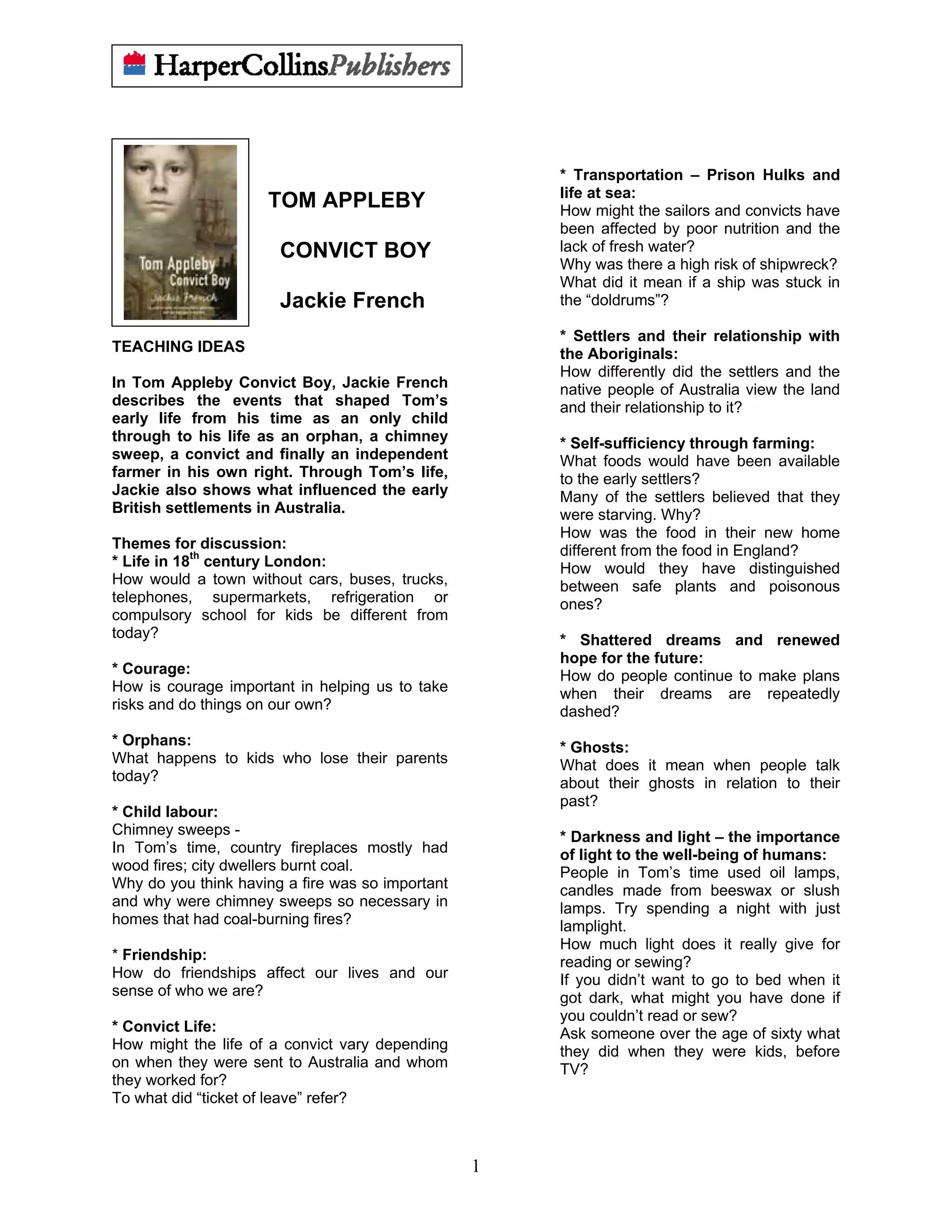 Teacher guide - Tom Appleby Convict Boy | PDF