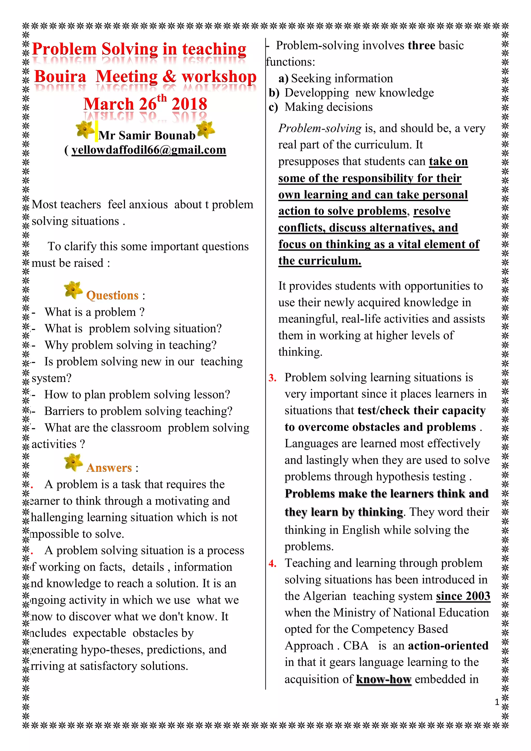 Teacher hand out problem solving bouira march 2018 | PDF