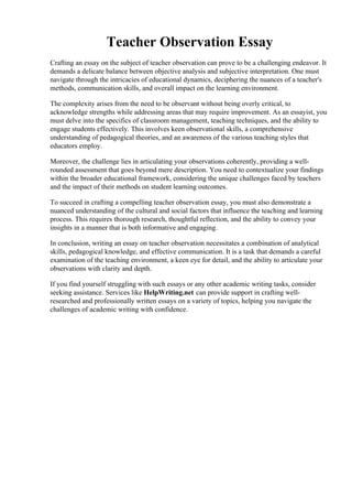 Teacher Observation Essay. English Classroom Observation Free Essay ...