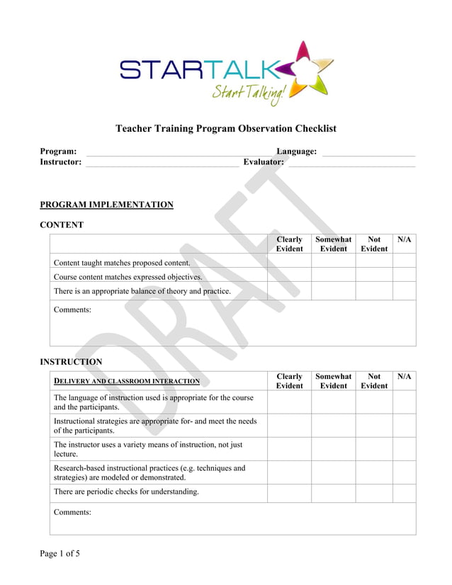 Teacher programobservationchecklist draft | PDF