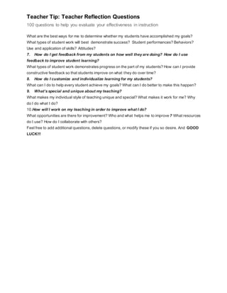 Teacher reflection | DOCX | Educational Assessment | Education
