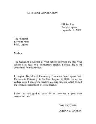 Application Letter For Elementary Teacher