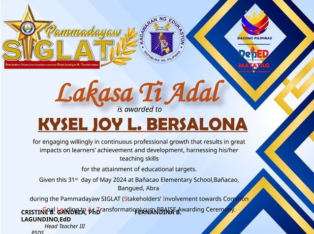 TEACHERS AWARDS AND RECOGNITION.PIMMADAYAW SIGLAT 2023 | PPTX | Education