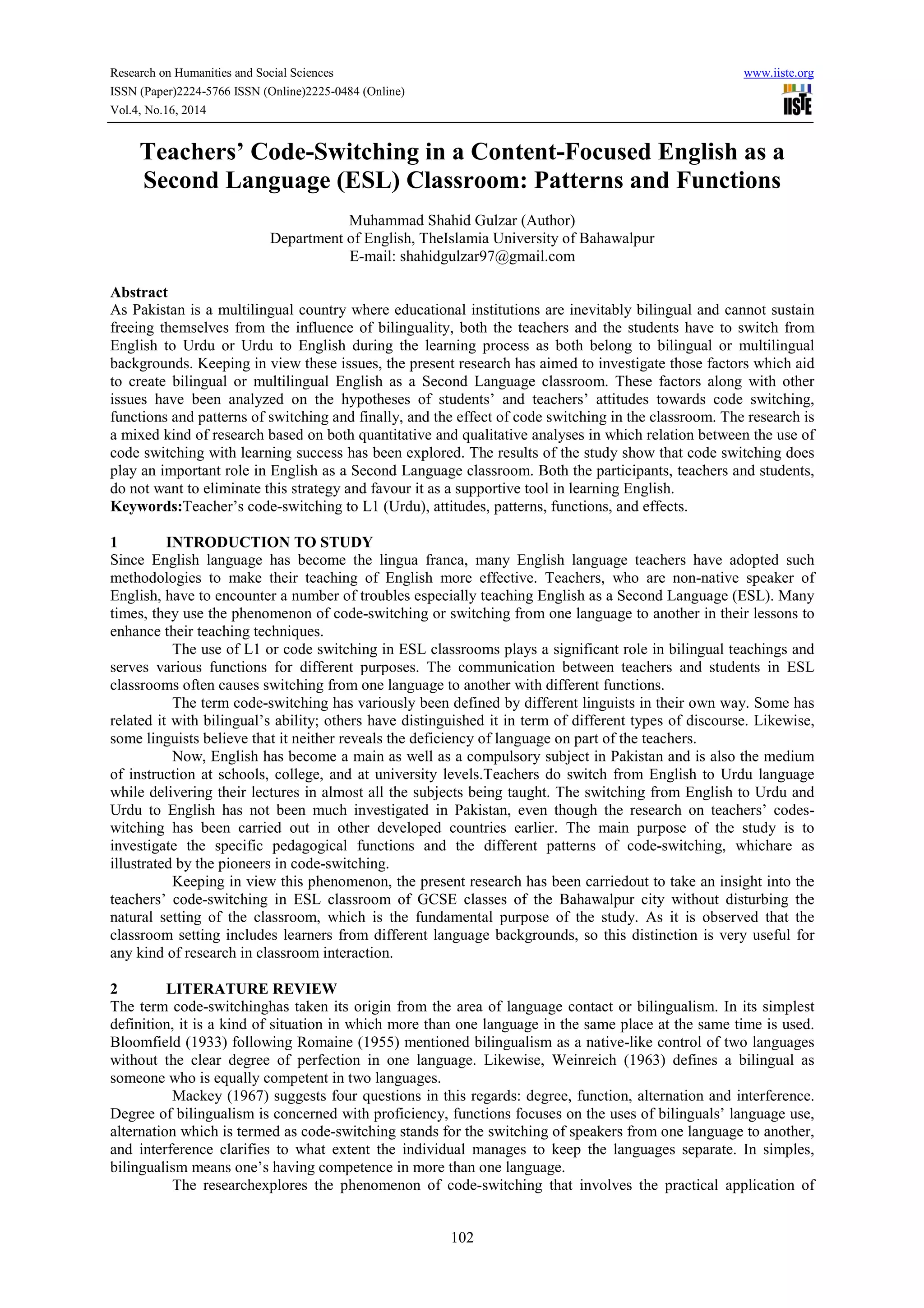 Teachers’ code switching in a content-focused english as a second language (esl) classroom | PDF