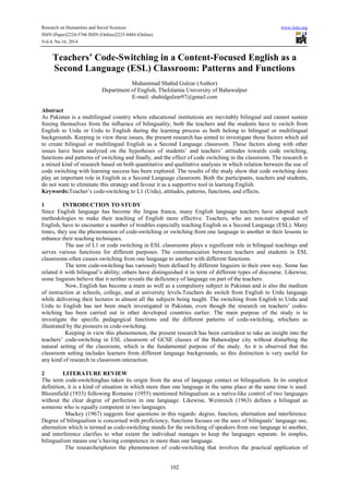 Teachers’ code switching in a content-focused english as a second ...