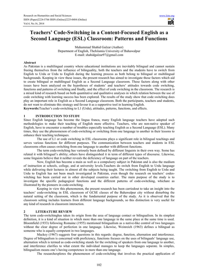 Teachers’ code switching in a content-focused english as a second language (esl) classroom | PDF