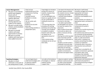 Teacher self reflection for writing workshop | DOCX