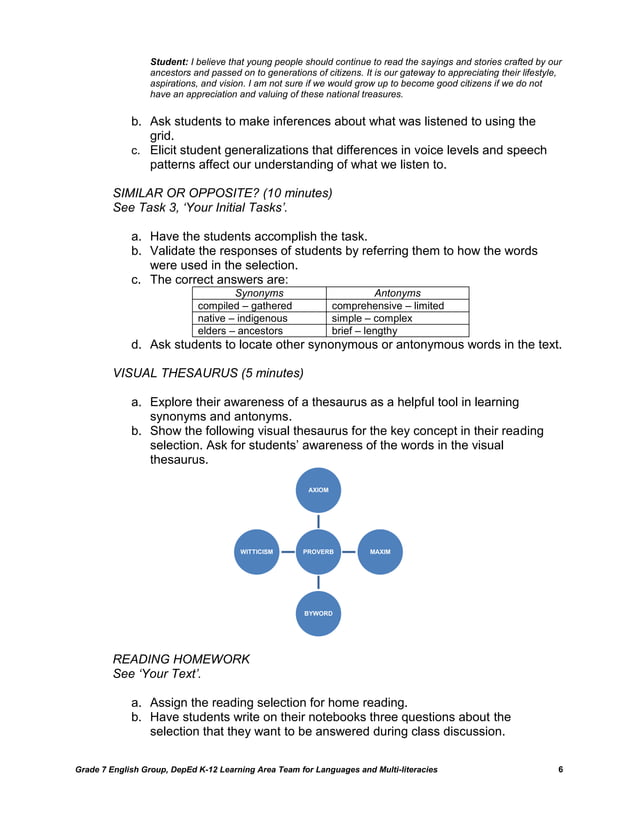 Teachers Guide 1st Quarter Grade7 for English | PDF
