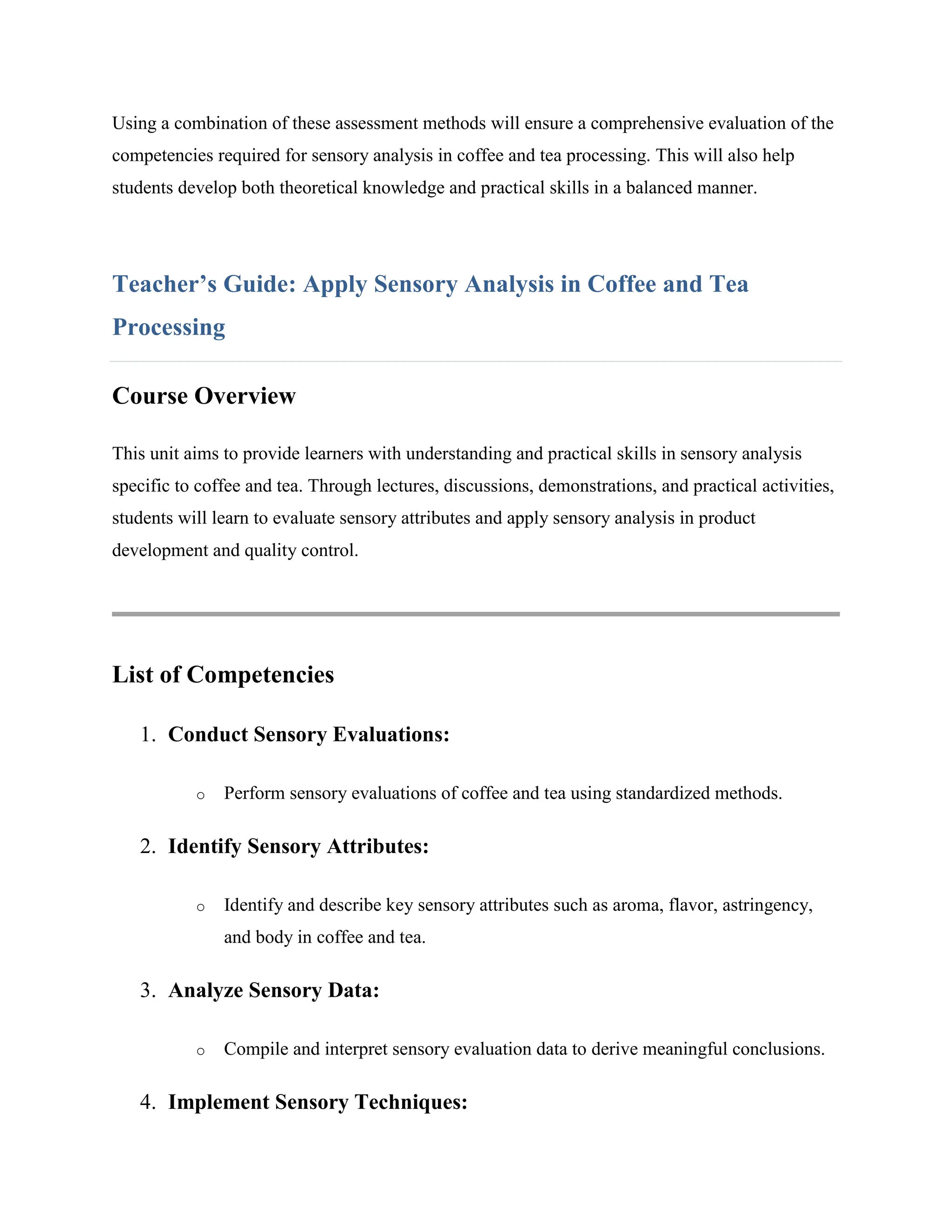 Teachers Guide including session plan of Apply Sensory Analysis in ...