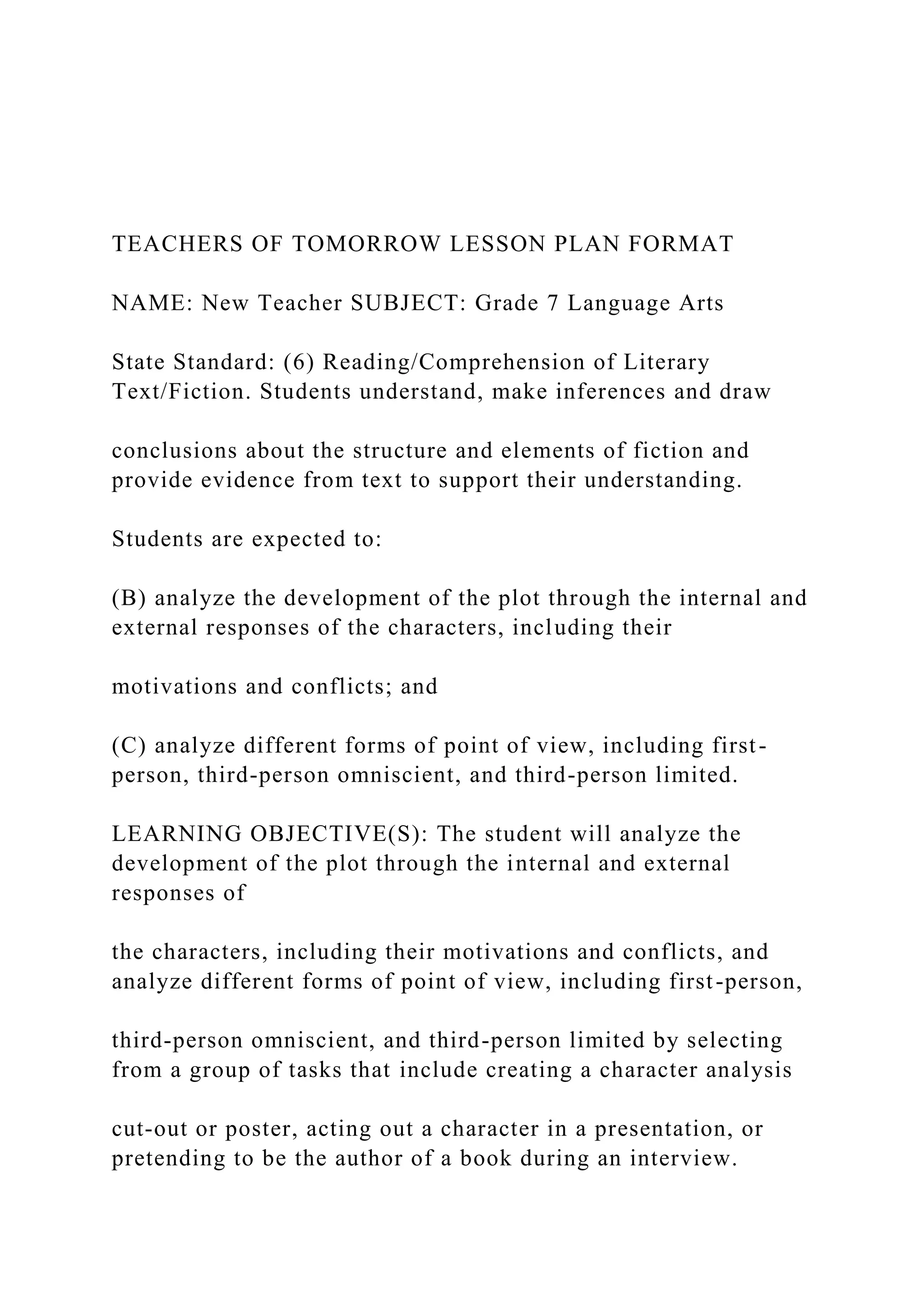 TEACHERS OF TOMORROW LESSON PLAN FORMAT NAME New Teacher .docx ...